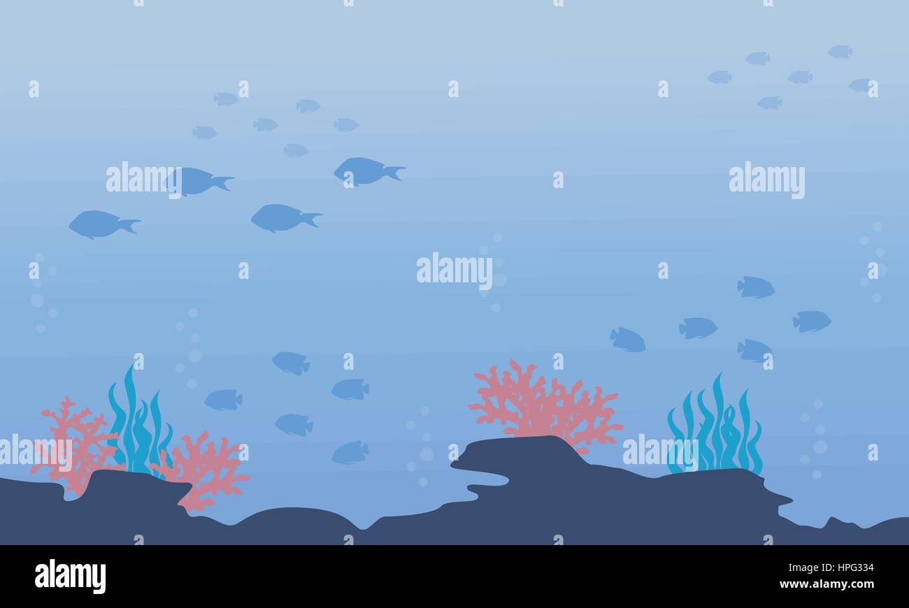 Silhouette of underwater with fish and reef landscape vector Stock ...