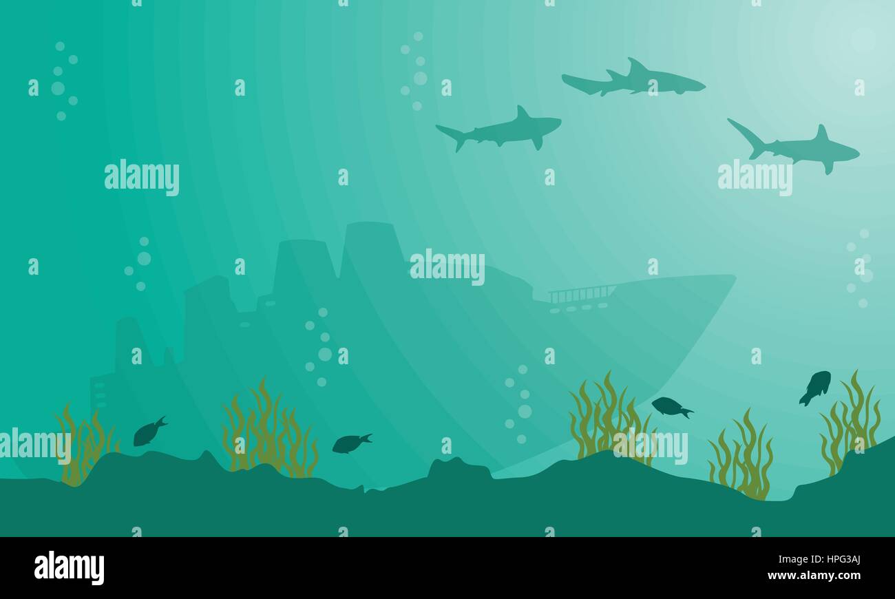 Landscape of ship and shark underwater silhouettes vector art Stock ...