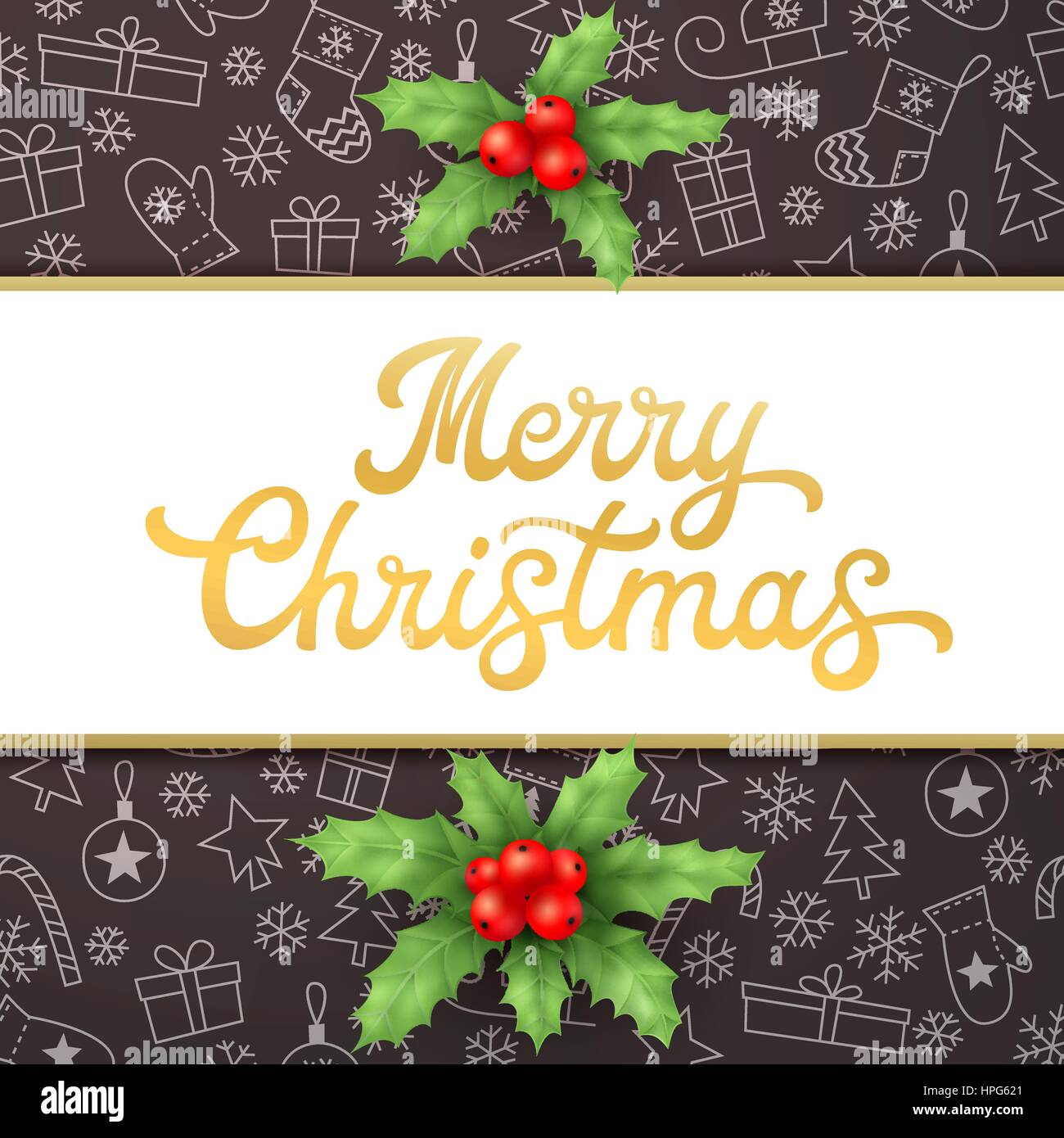 Merry Christmas. Square Xmas card with gold lettering inscription and ...