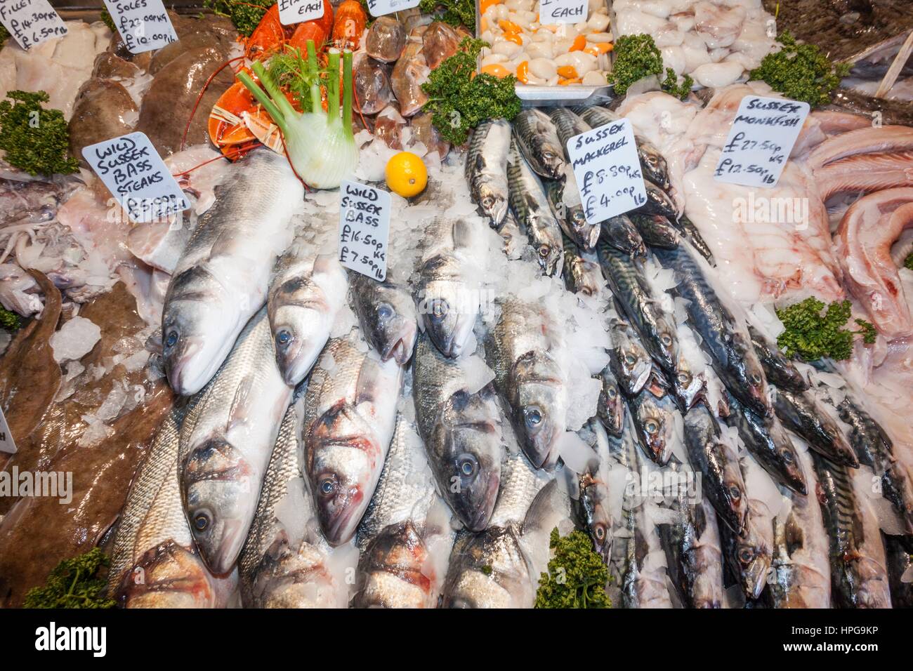 England, London, Southwark, Borough Market, Fish Stall, Display of ...