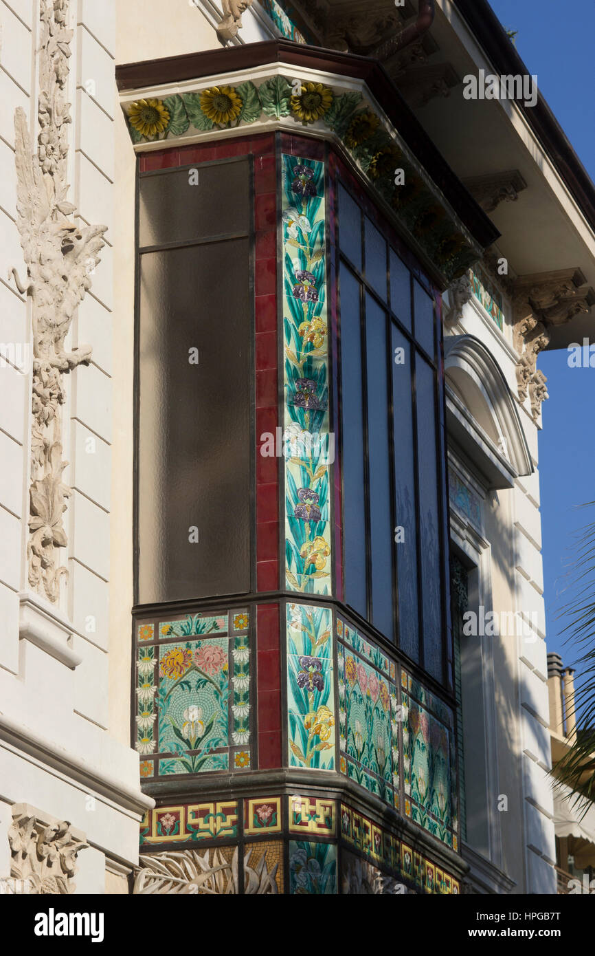 Italy, Italian Riviera, city of San Remo, closeup on a bow-window of ...