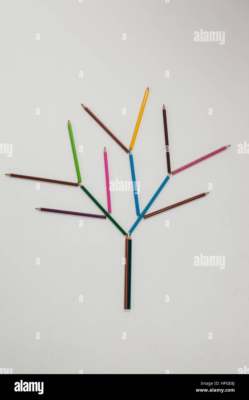 Colored pencil forming a tree on white background Stock Photo - Alamy