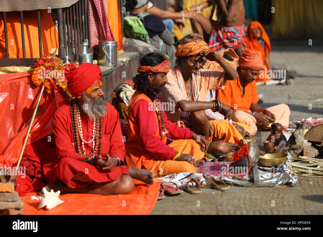 Kathmandu, Nepal. 21st Feb, 2017. Sadhus, holy men rest after arrival ...