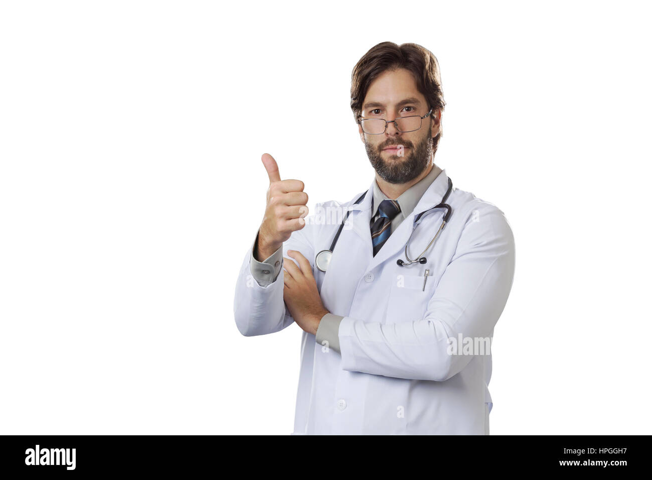 Male doctor making a sign that everything is okay on a White background ...