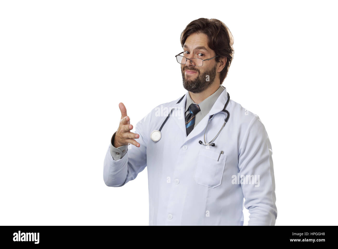 Male doctor signaling that there may be a problem on a White background ...