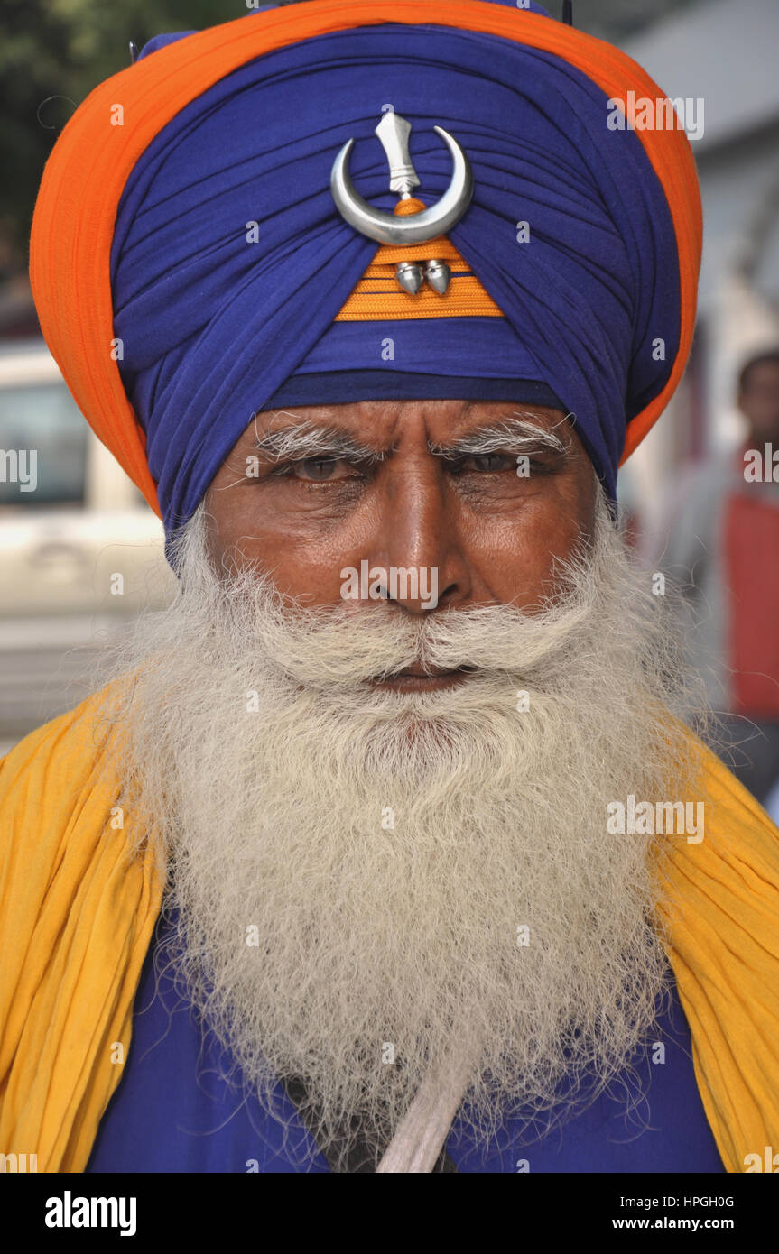 Head and shoulders, portrait of Sikh man with thick greying beard and ...
