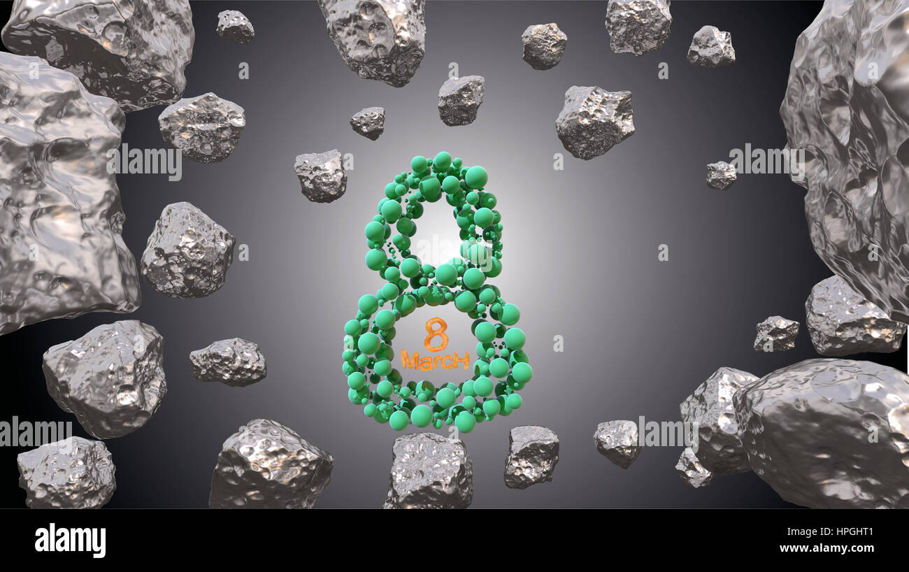 8 March symbol. Figure of eight made of green spheres flying in the ...