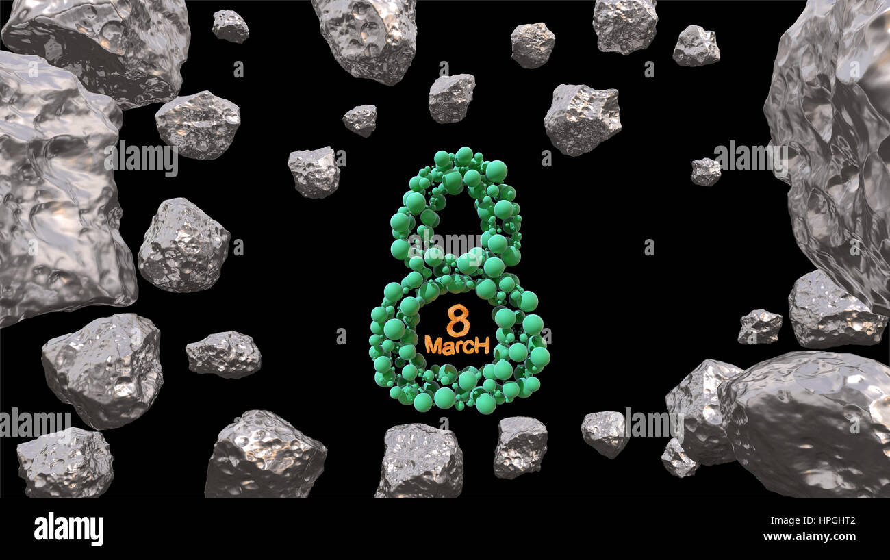 8 March symbol. Figure of eight made of green spheres flying in the ...