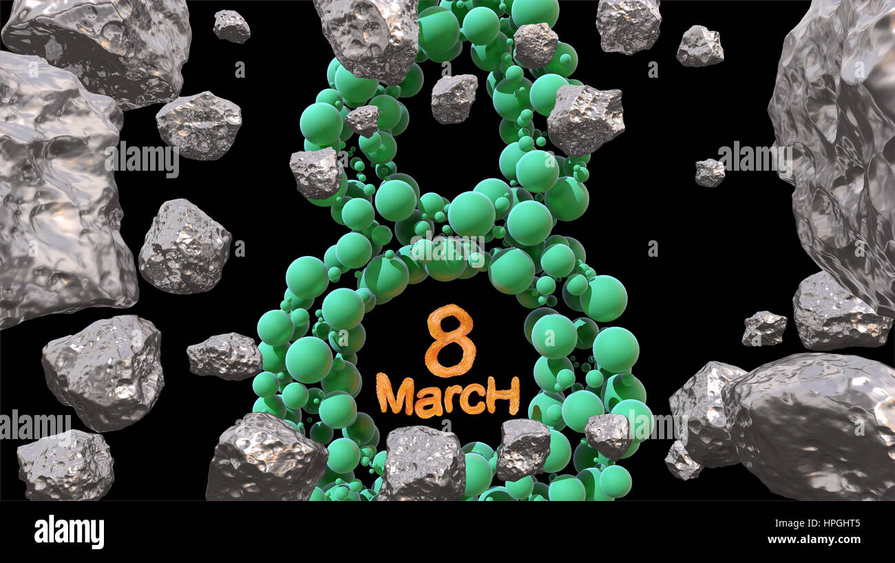 8 March symbol. Figure of eight made of green spheres flying in the ...