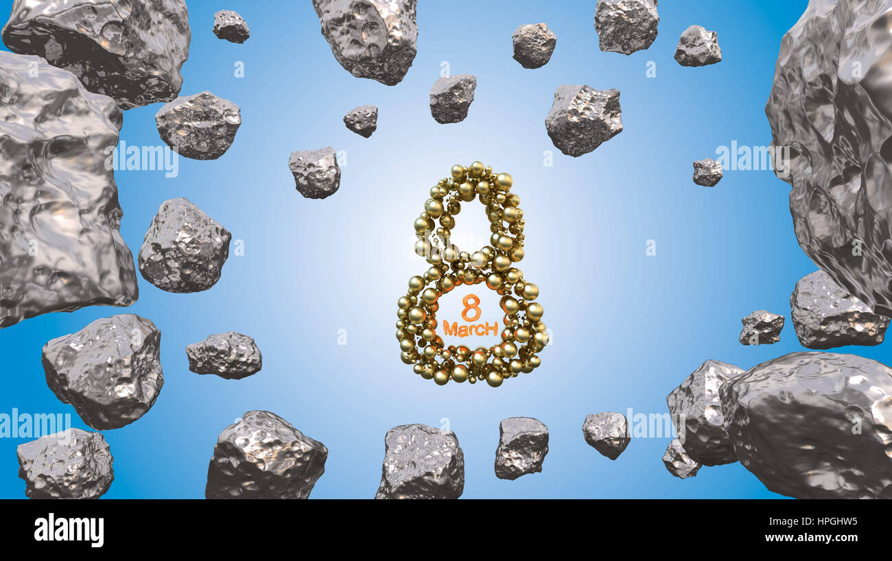 8 March symbol. Figure of eight made of golden spheres flying in the ...