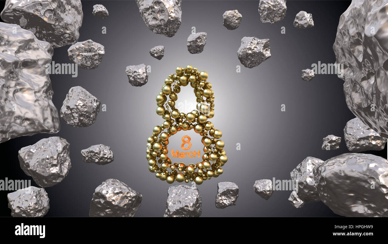 8 March symbol. Figure of eight made of golden spheres flying in the ...