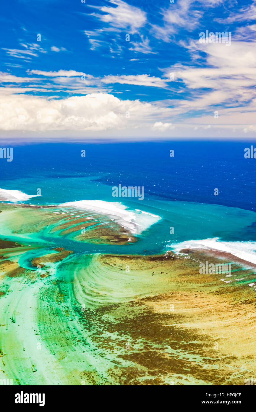 Aerial view of the underwater channel. Amazing Mauritius landscape ...