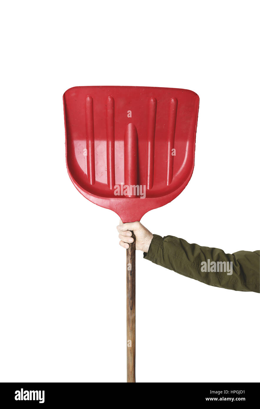 Man holding the shovel on the white background Stock Photo - Alamy