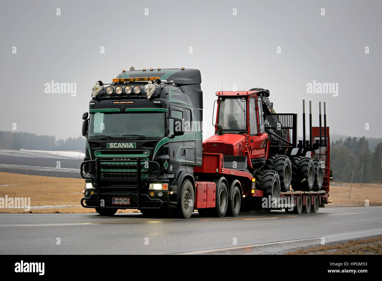 SALO, FINLAND - FEBRUARY 18, 2017: Black Super Scania semi of Koskinen ...