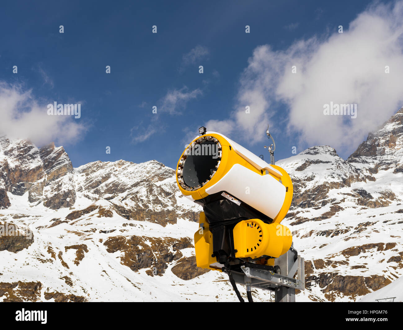 Snow gun or snow cannon used at Cervinia ski resort to supplement ...