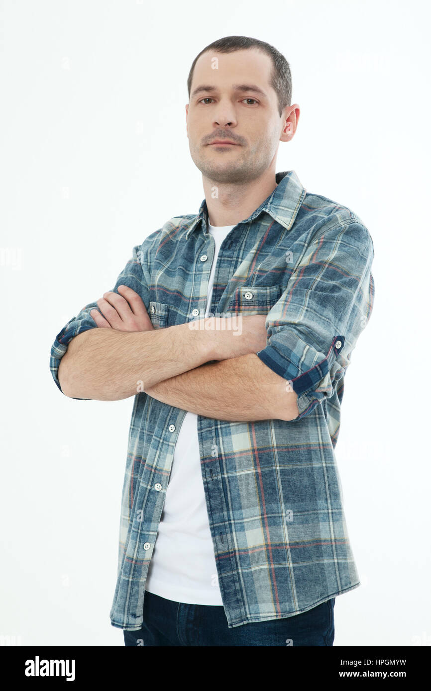 handsome man in checkered shirt on white background Stock Photo - Alamy