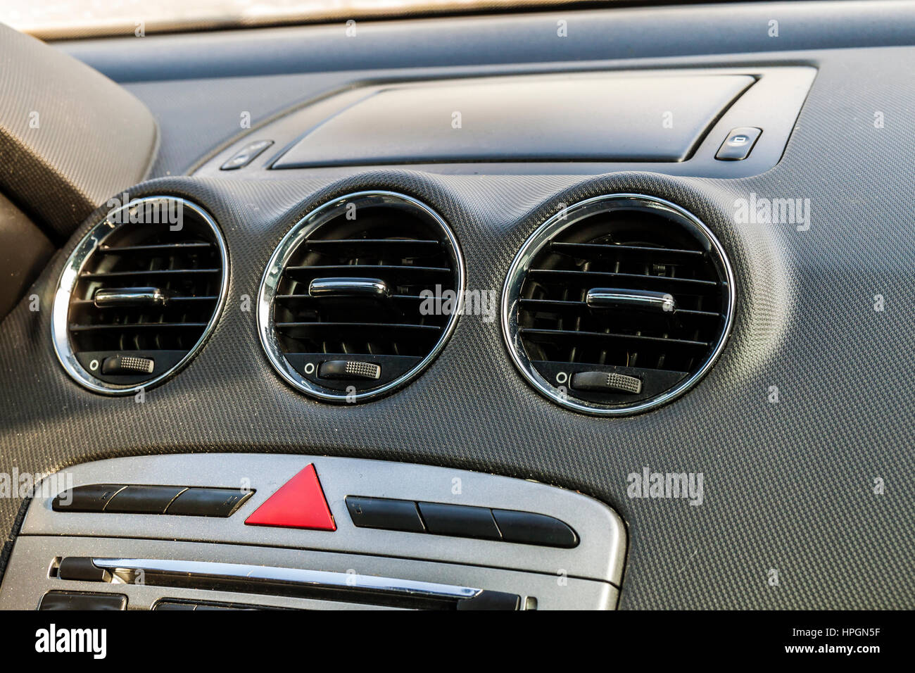 Detail of new modern car interior, Focus on heating ventilation system ...