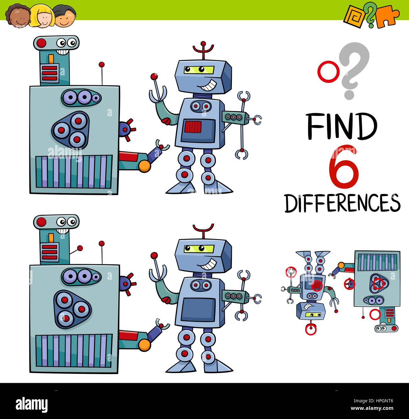 Cartoon Illustration of Finding the Difference Educational Game for Children with Fantasy Robot ...