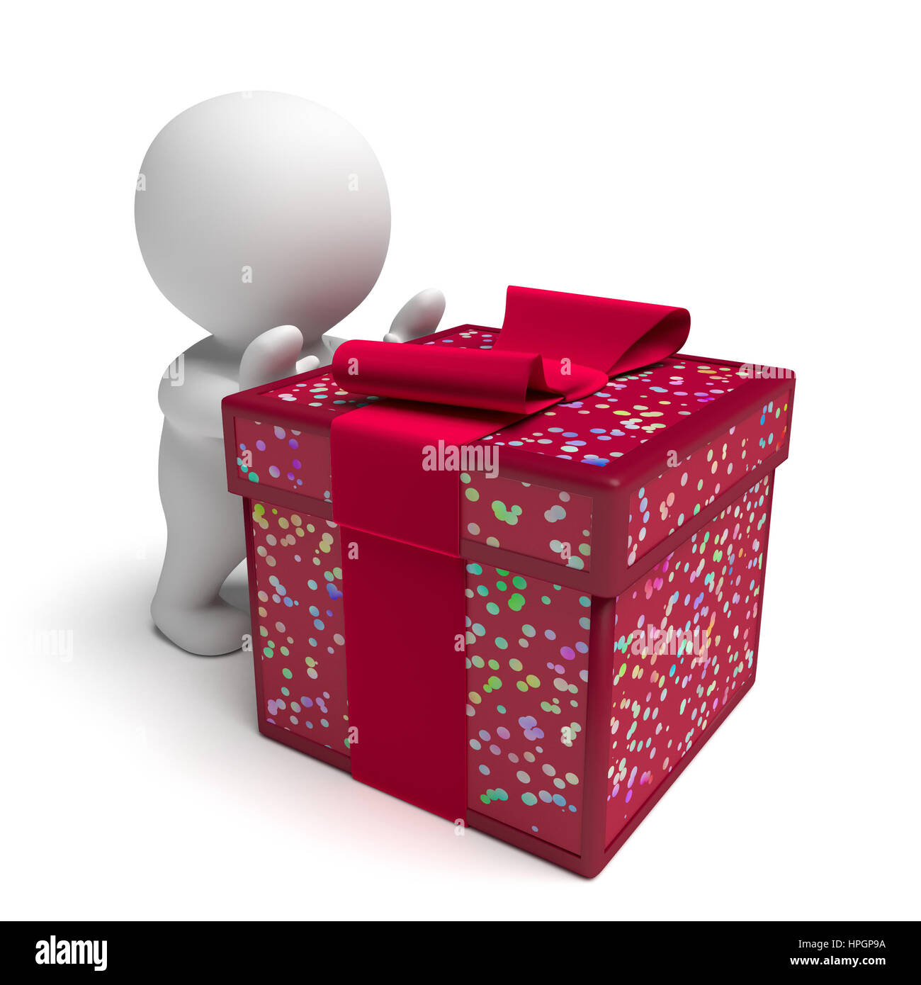 cute person pushing a big lovely decorated present (3D illustration ...