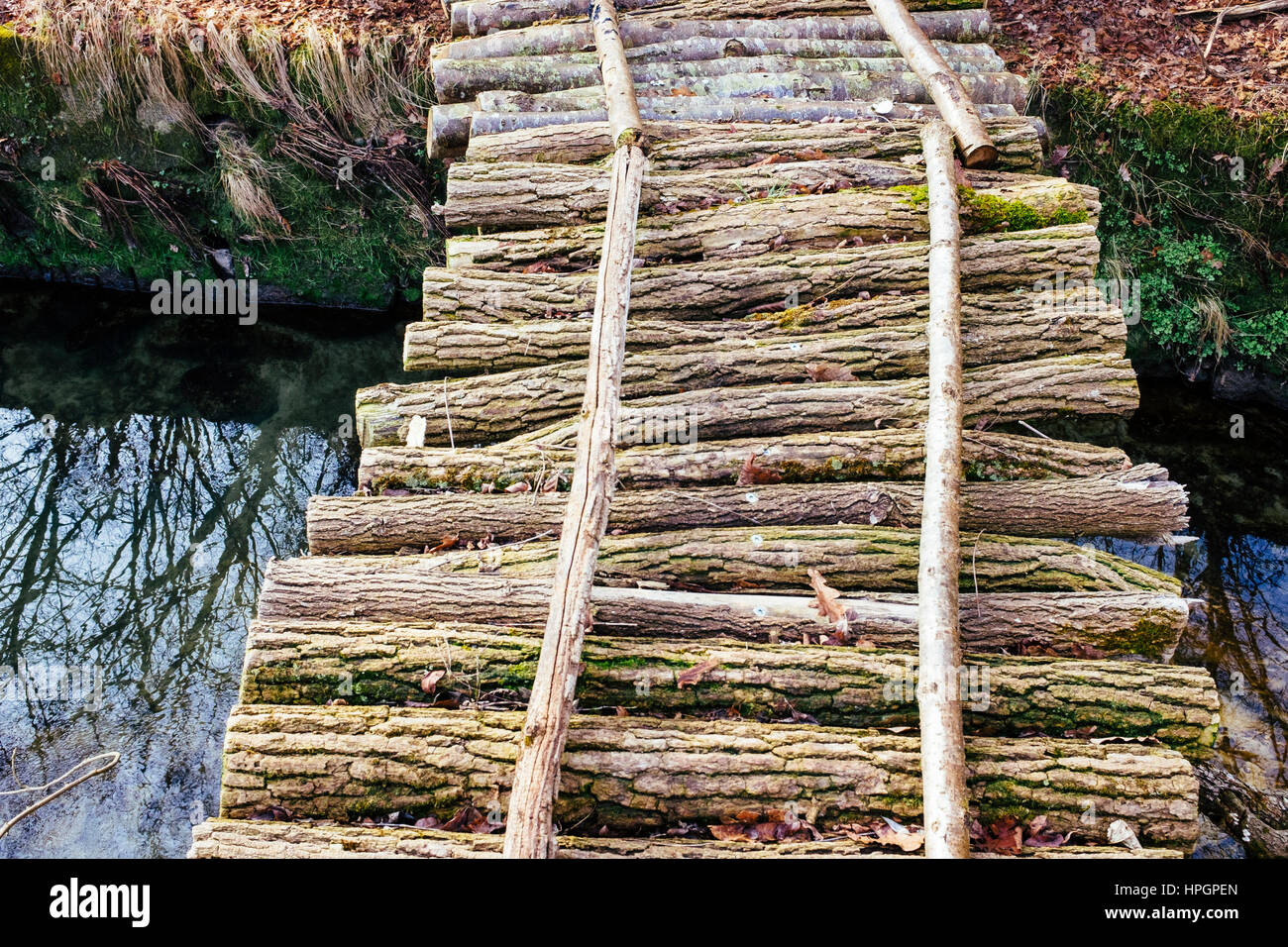 wooden bridge built in the woods with local material Stock Photo - Alamy