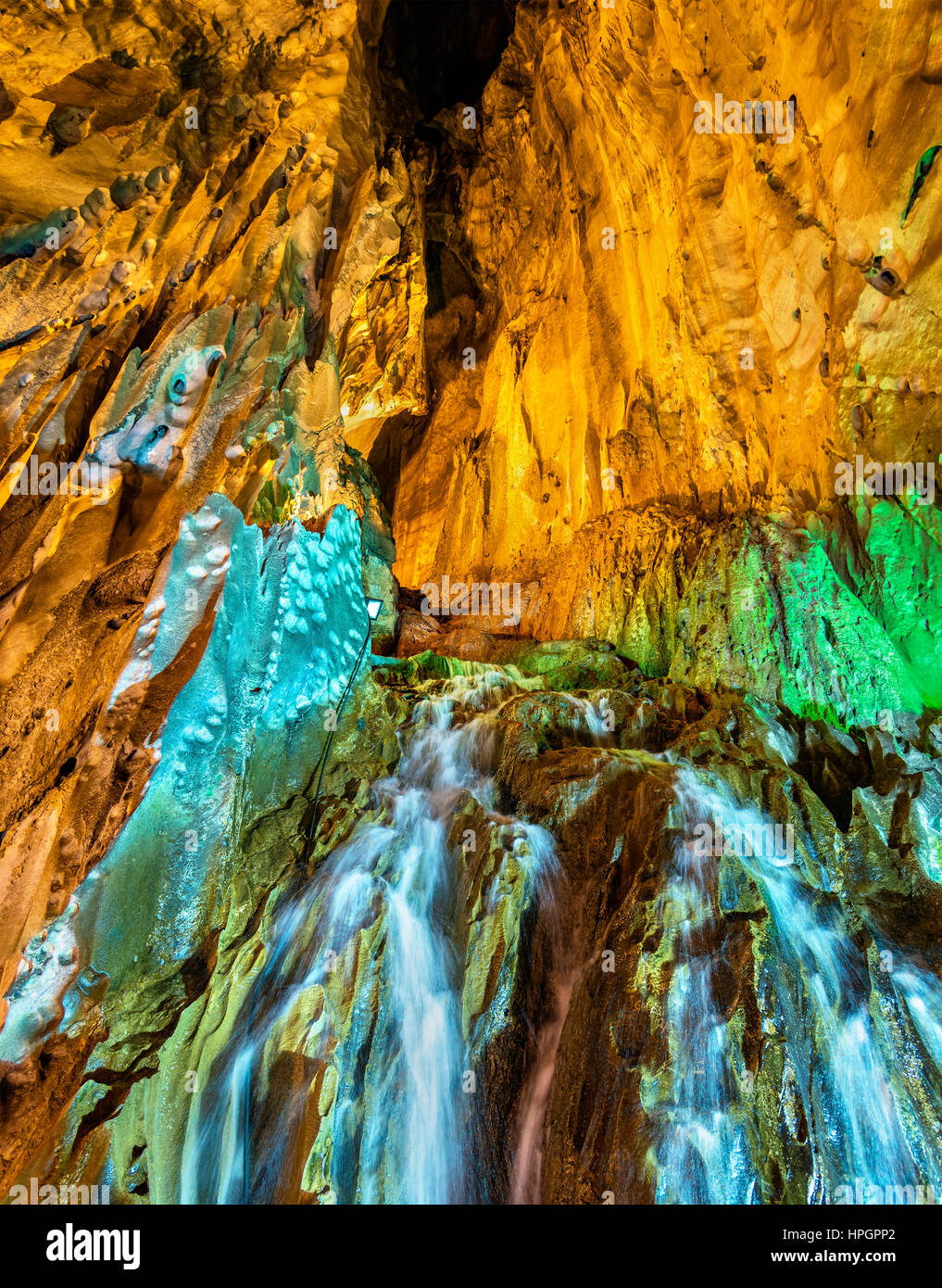 Waterfall inside the Ramayana Cave at Batu Caves, Kuala Lumpur Stock ...