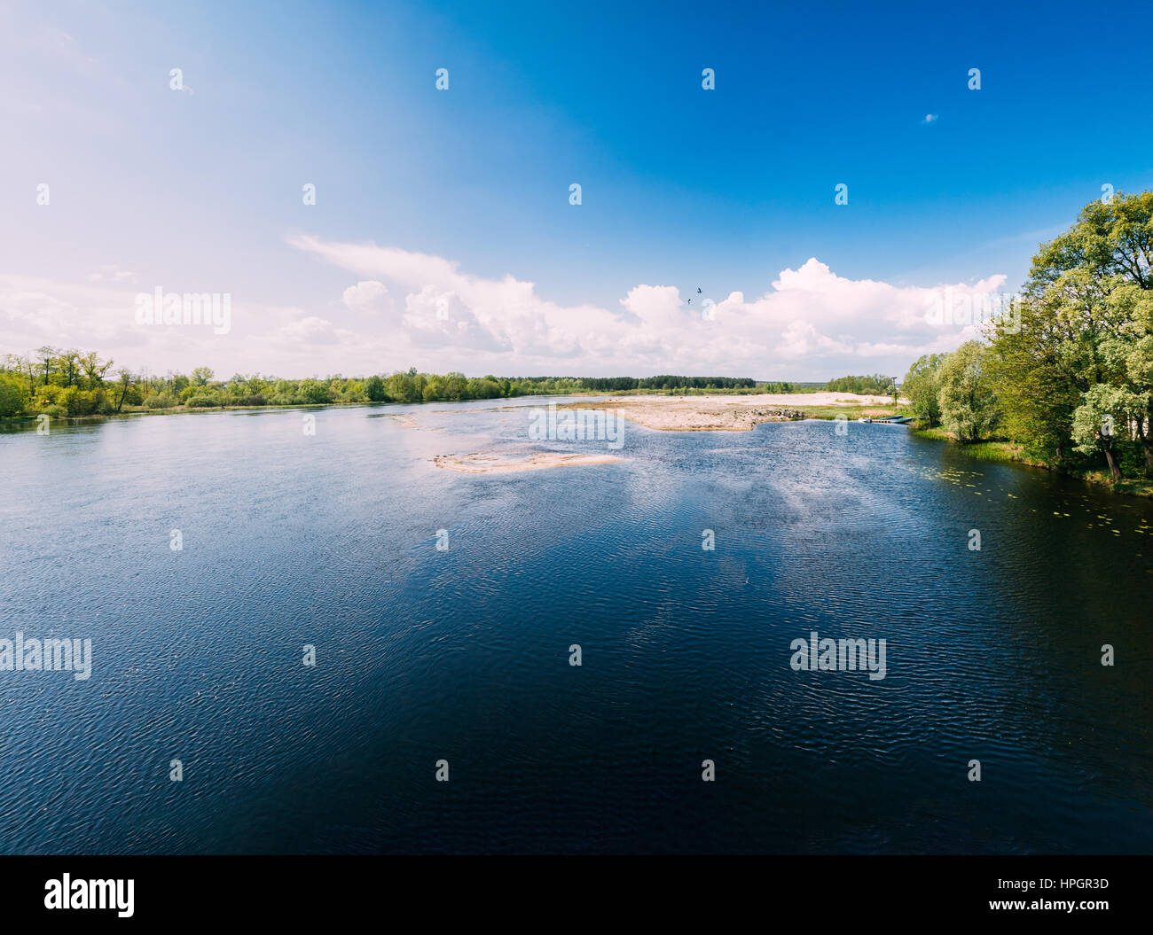 Panorama Of River Or Lake Landscape. Ripple Surface Of Calm Water At ...