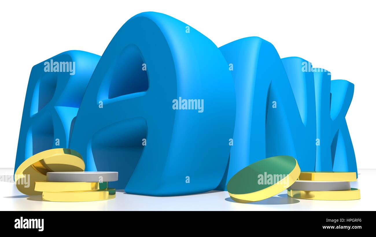 The write "BANK" written with colored 3D letters, on white background ...
