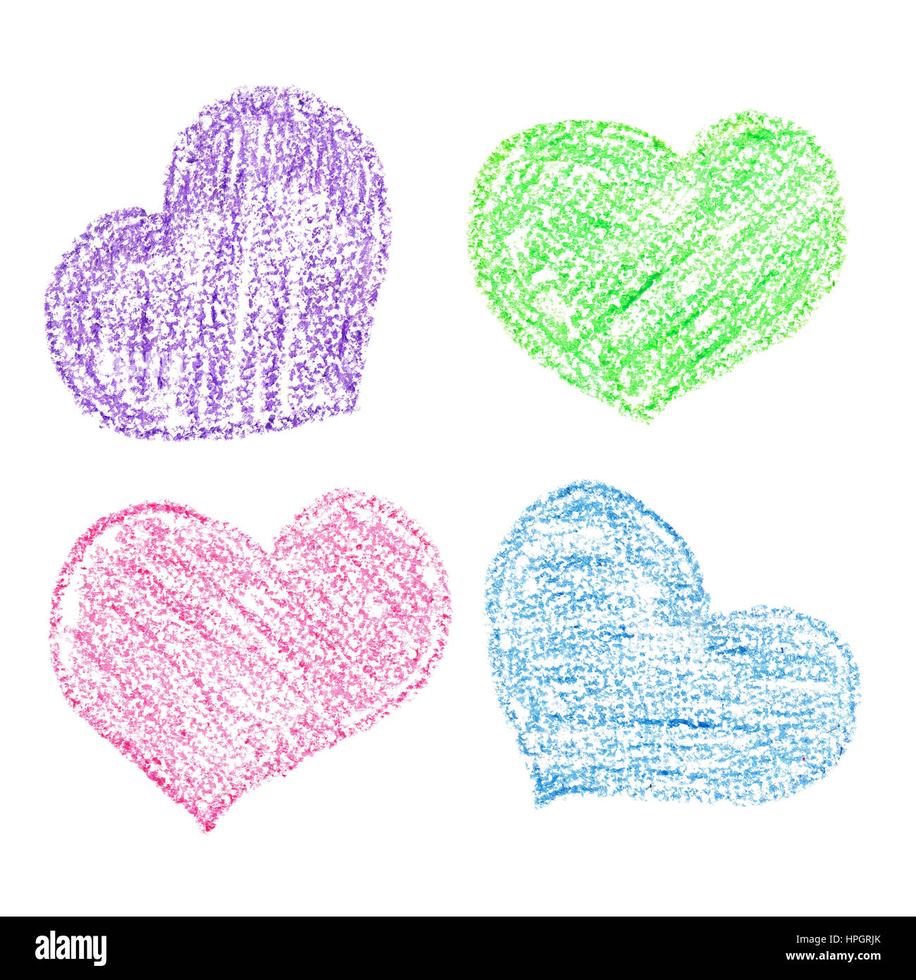 Crayon hearts of different colors isolated over the white background ...