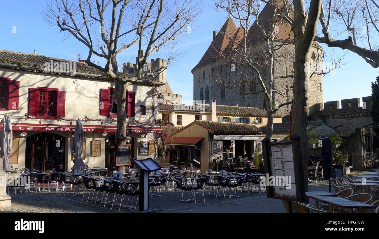 Restaurant next to ramparts and towers at Cite de Carcassonne ...