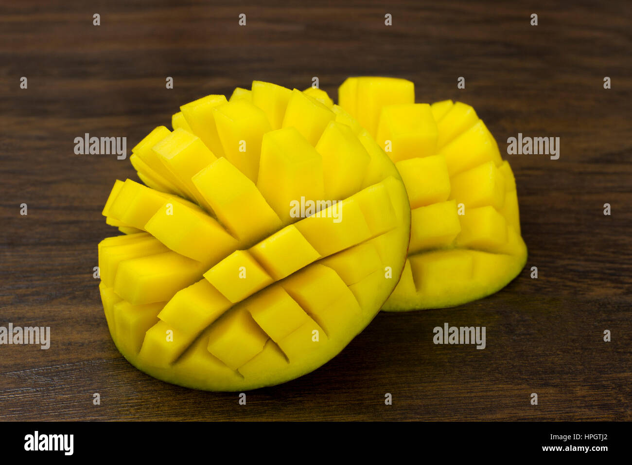 two mango sliced cube ripe fresh red green yellow vitamins tropical ...