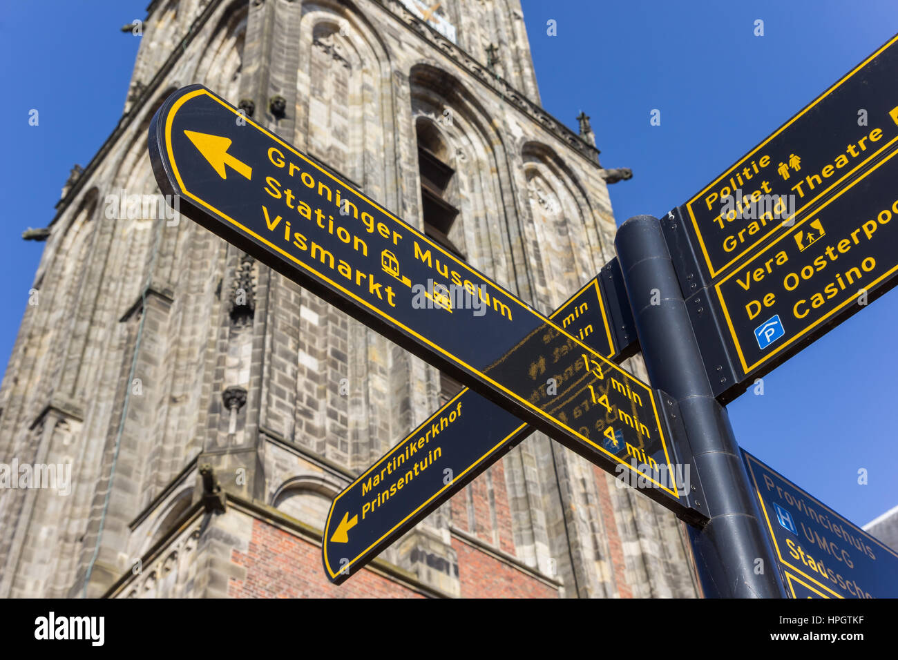 Tourist sign in front of the Martini tower in Groningen, Holland Stock ...