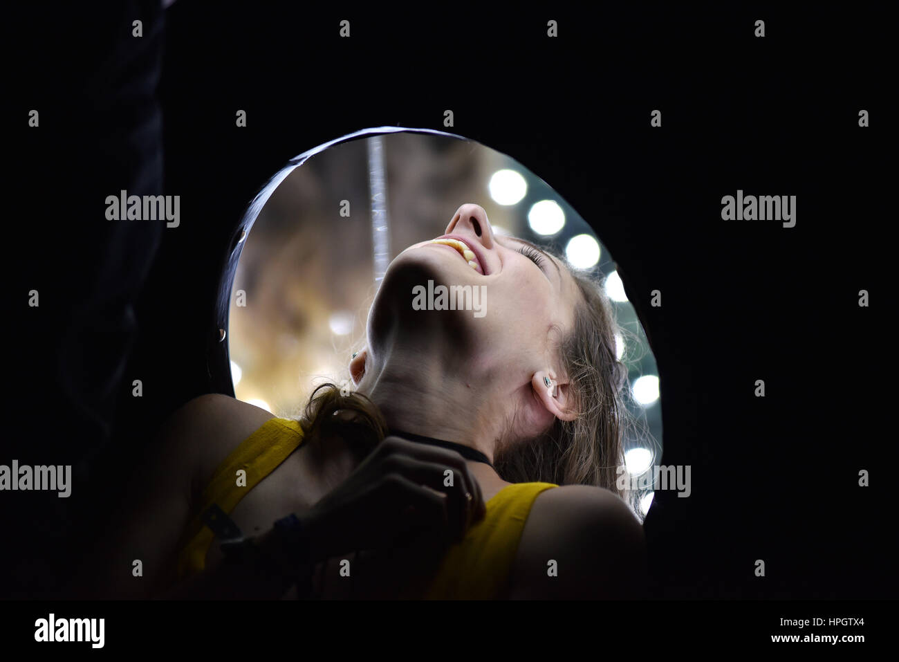 CLUJ-NAPOCA, ROMANIA - AUGUST 6, 2016: Woman tries the Mirror Trip Box ...