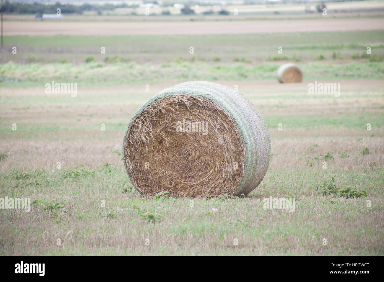 A field with a large bale of hay in the forefront Stock Photo - Alamy