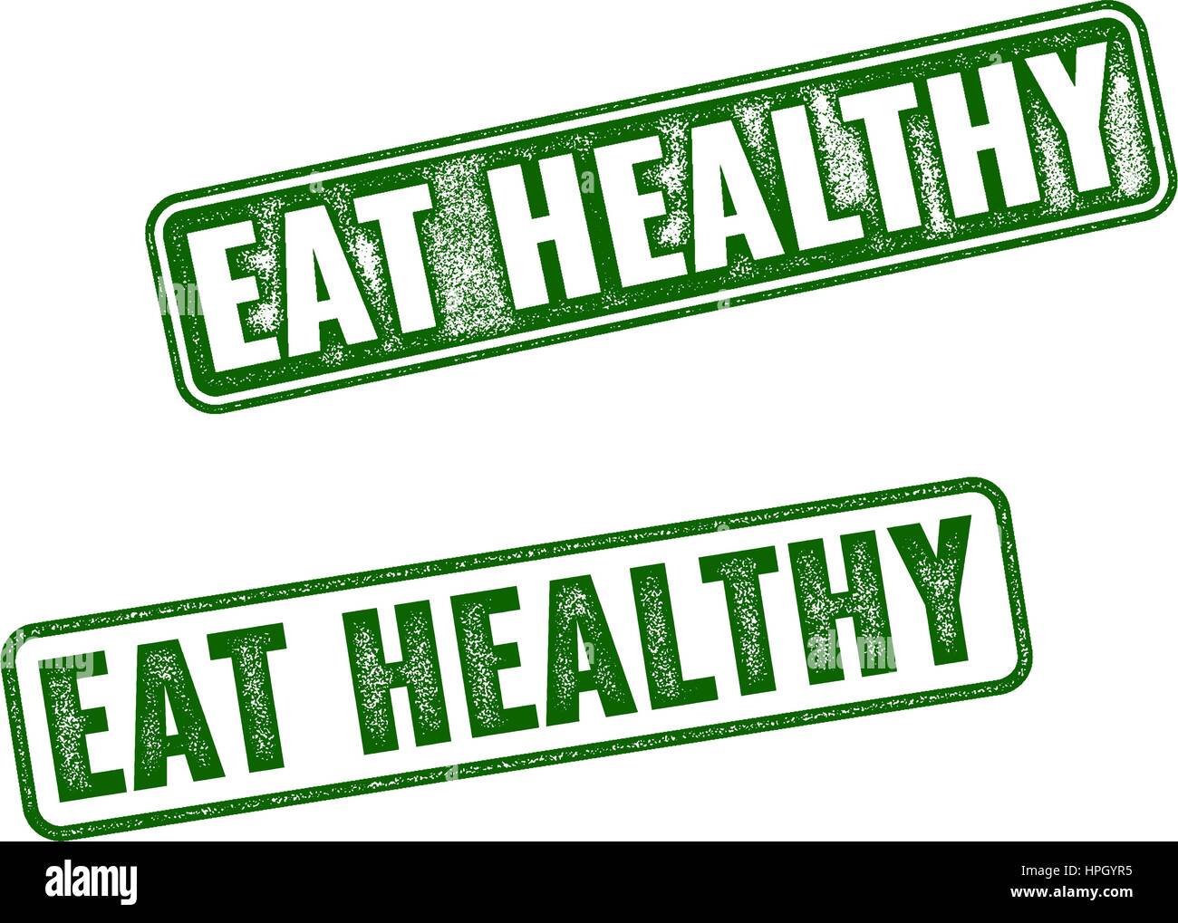 Two green realistic vector grunge rubber stamps Eat Healthy isolated on ...