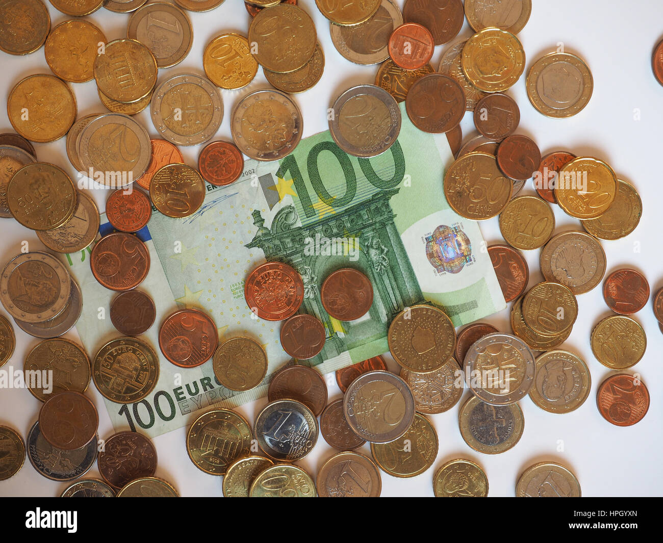 Euro (EUR) banknotes and coins, currency of European Union (EU) useful ...