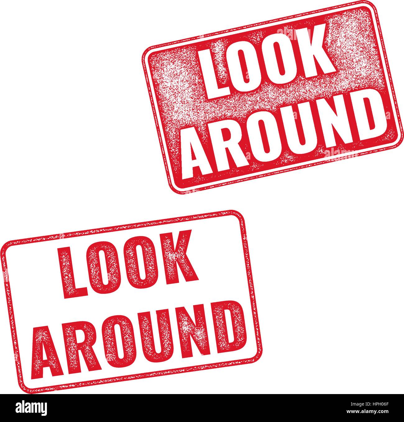 Two red realistic vector Look Around grunge rubber stamps isolated on ...