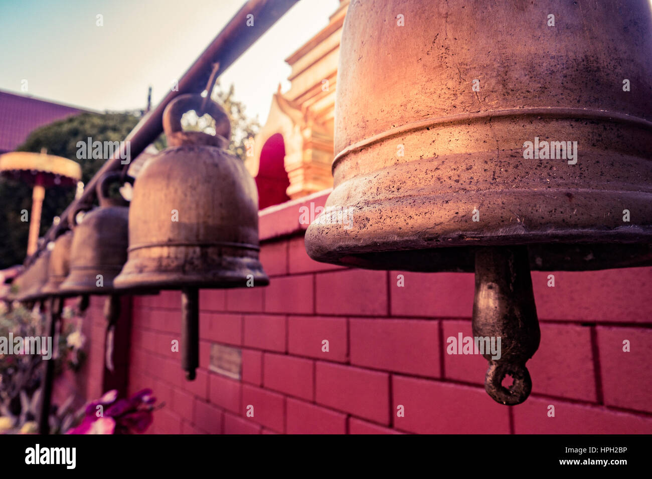 Ritual bells in a Buddhist temple in Chiang Mai, Thailand Stock Photo ...