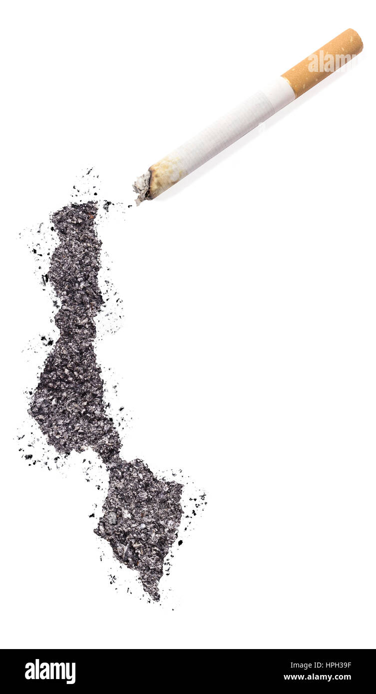 The country shape of Malawi made of tobacco ash and a cigarette.(series ...