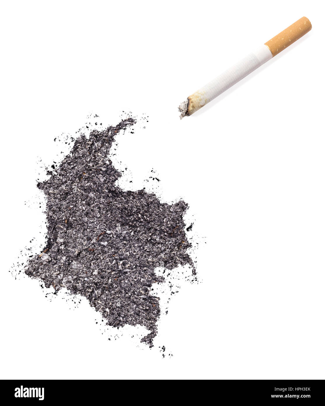 The country shape of Colombia made of tobacco ash and a cigarette ...