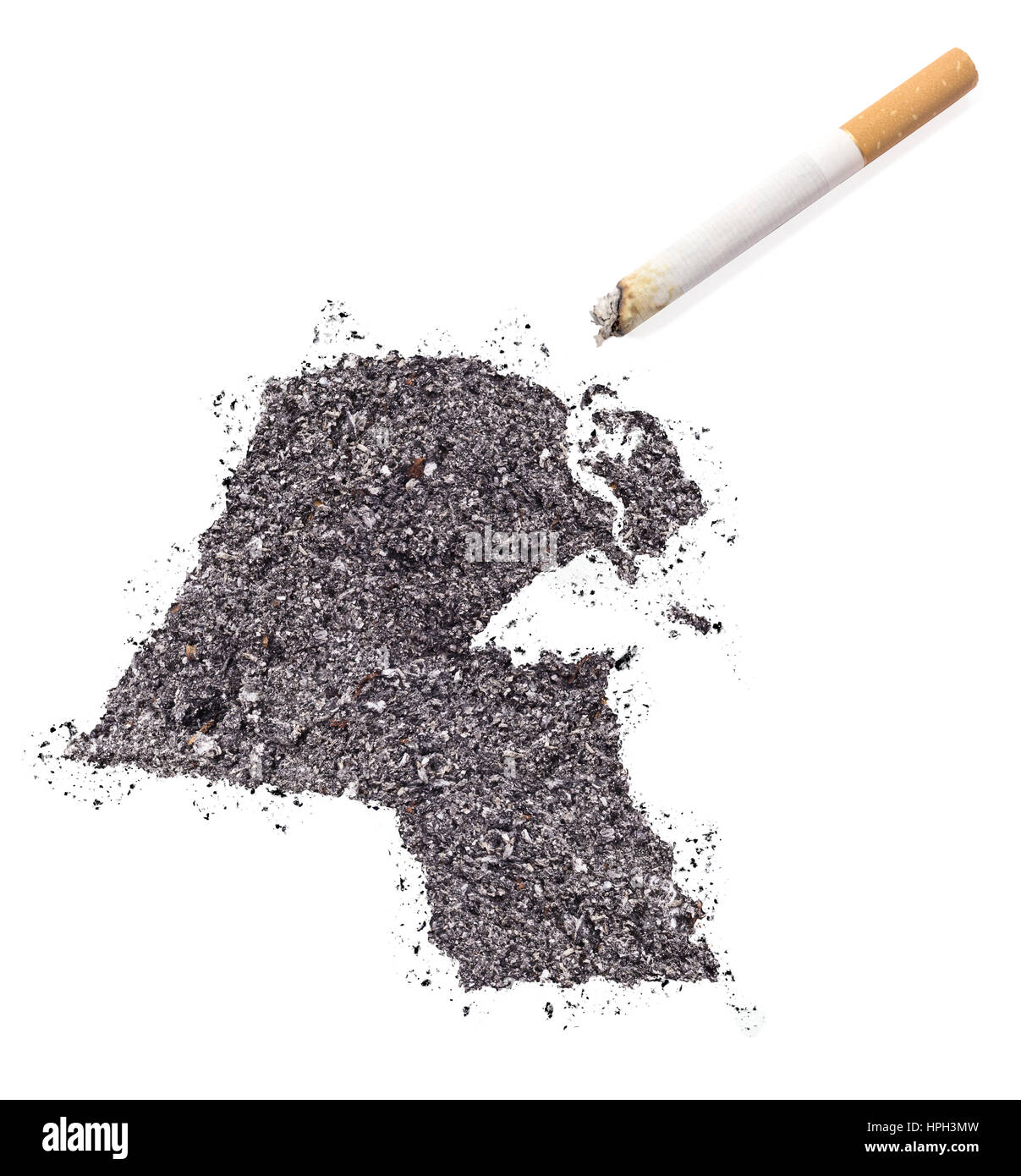 The country shape of Kuwait made of tobacco ash and a cigarette.(series ...