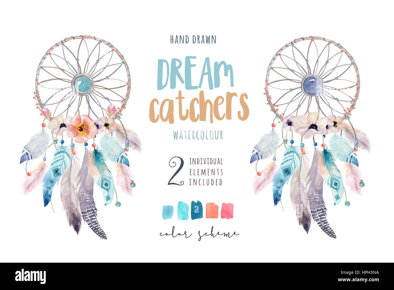 Isolated Watercolor decoration bohemian dreamcatcher. Boho feathers ...