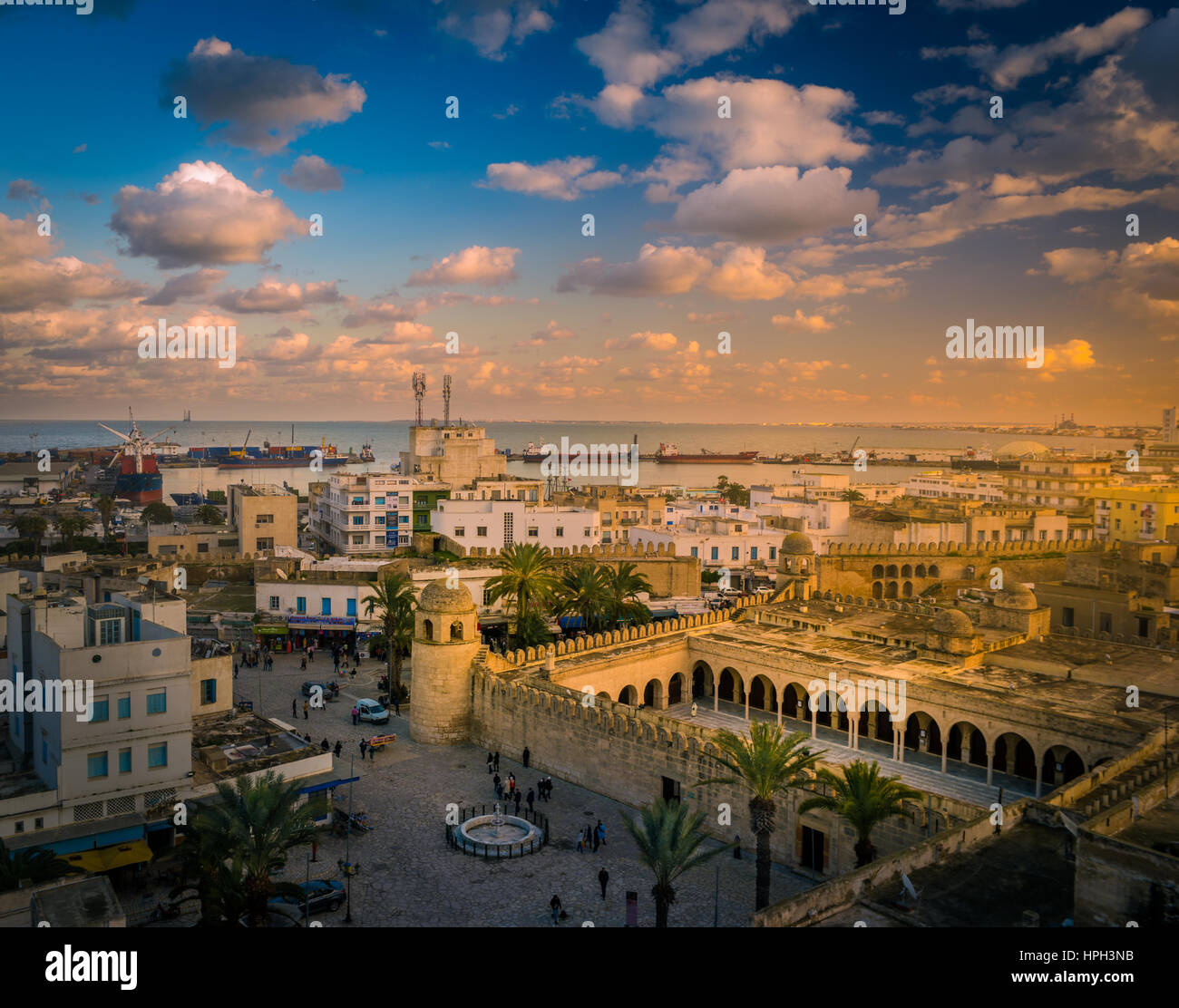 Beautiful sunset in Sousse, Tunisia. Cityscape with the view on Mosque ...