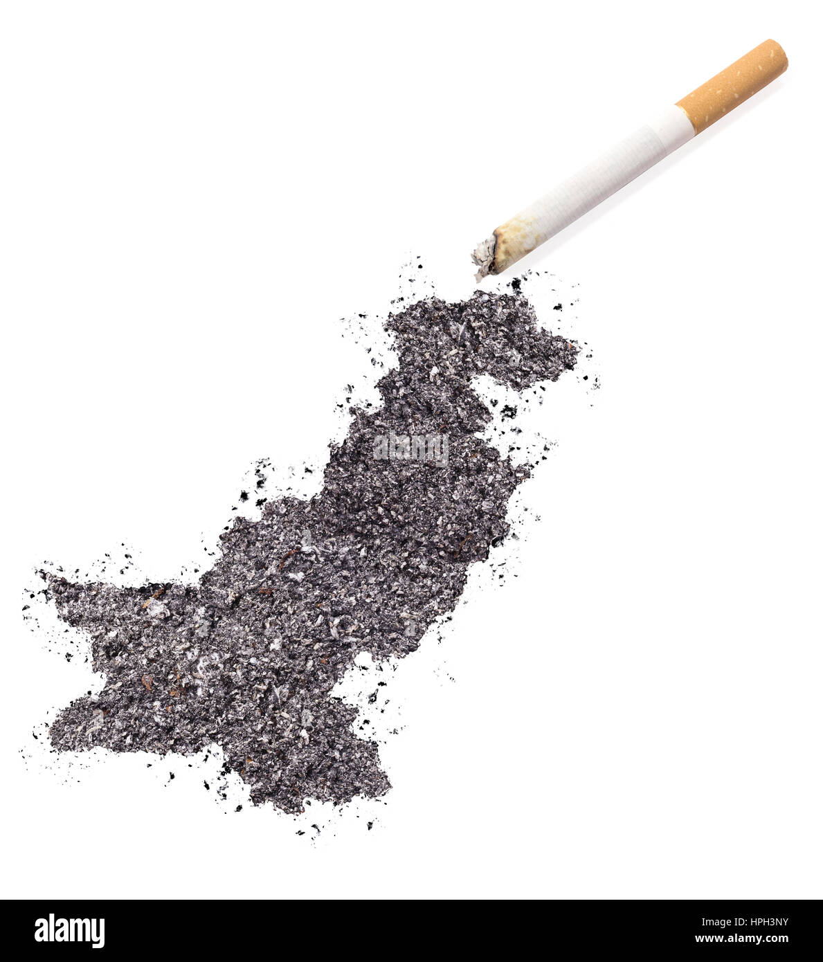 The country shape of Pakistan made of tobacco ash and a cigarette ...