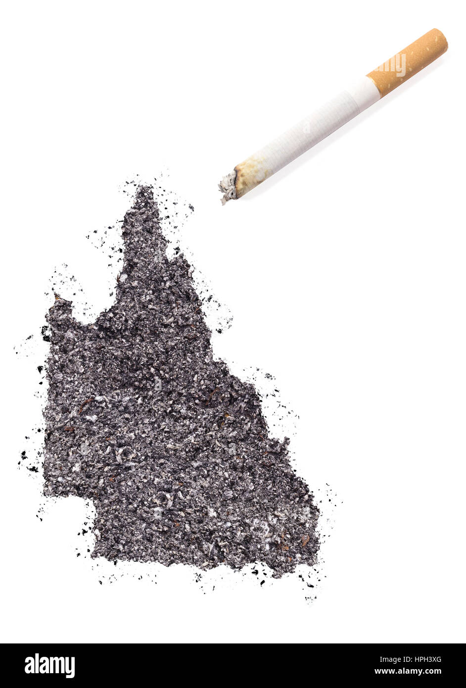 The country shape of Queensland made of tobacco ash and a cigarette ...