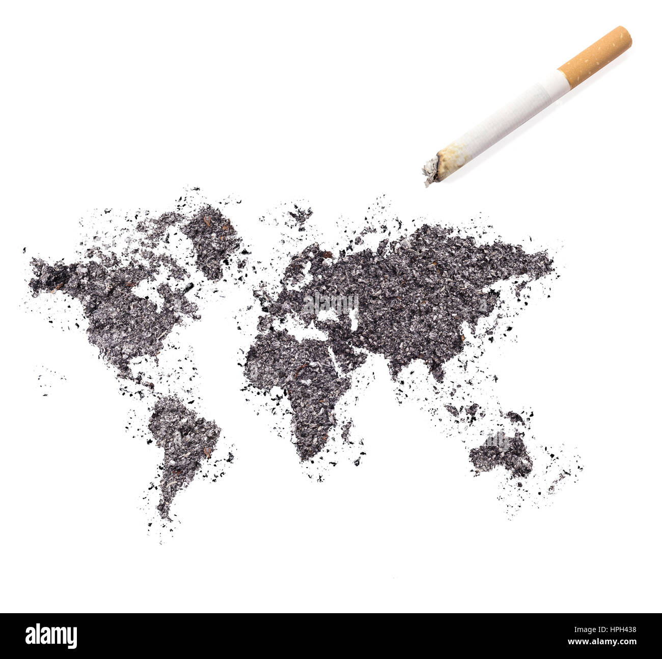 The country shape of the world made of tobacco ash and a cigarette ...