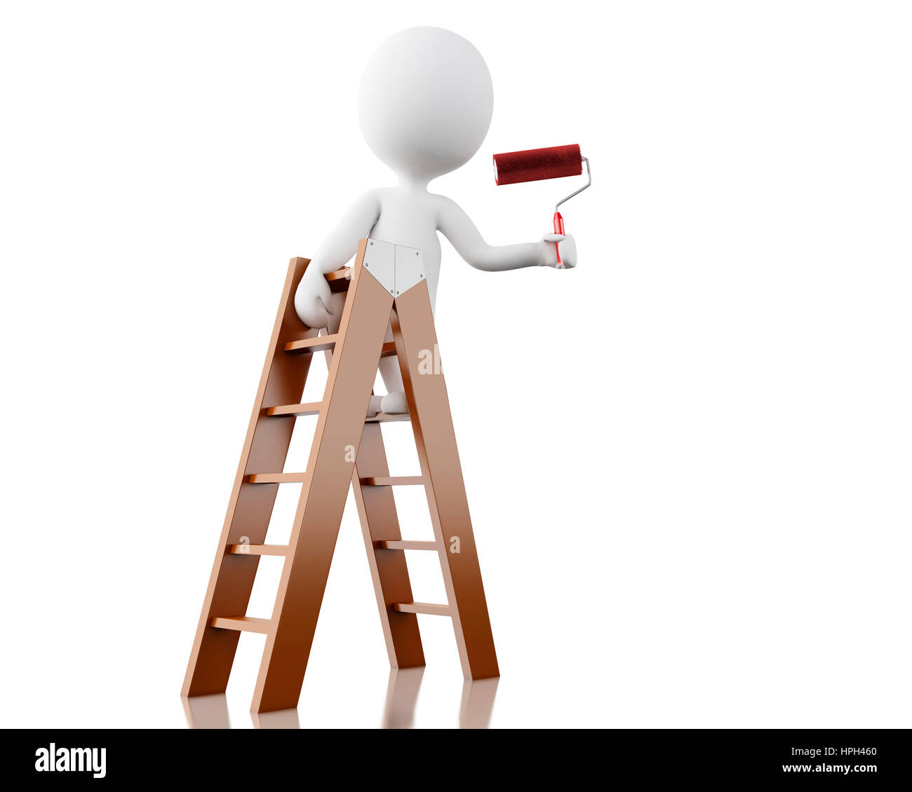 3d renderer image. White people with paint roller. Isolated white ...