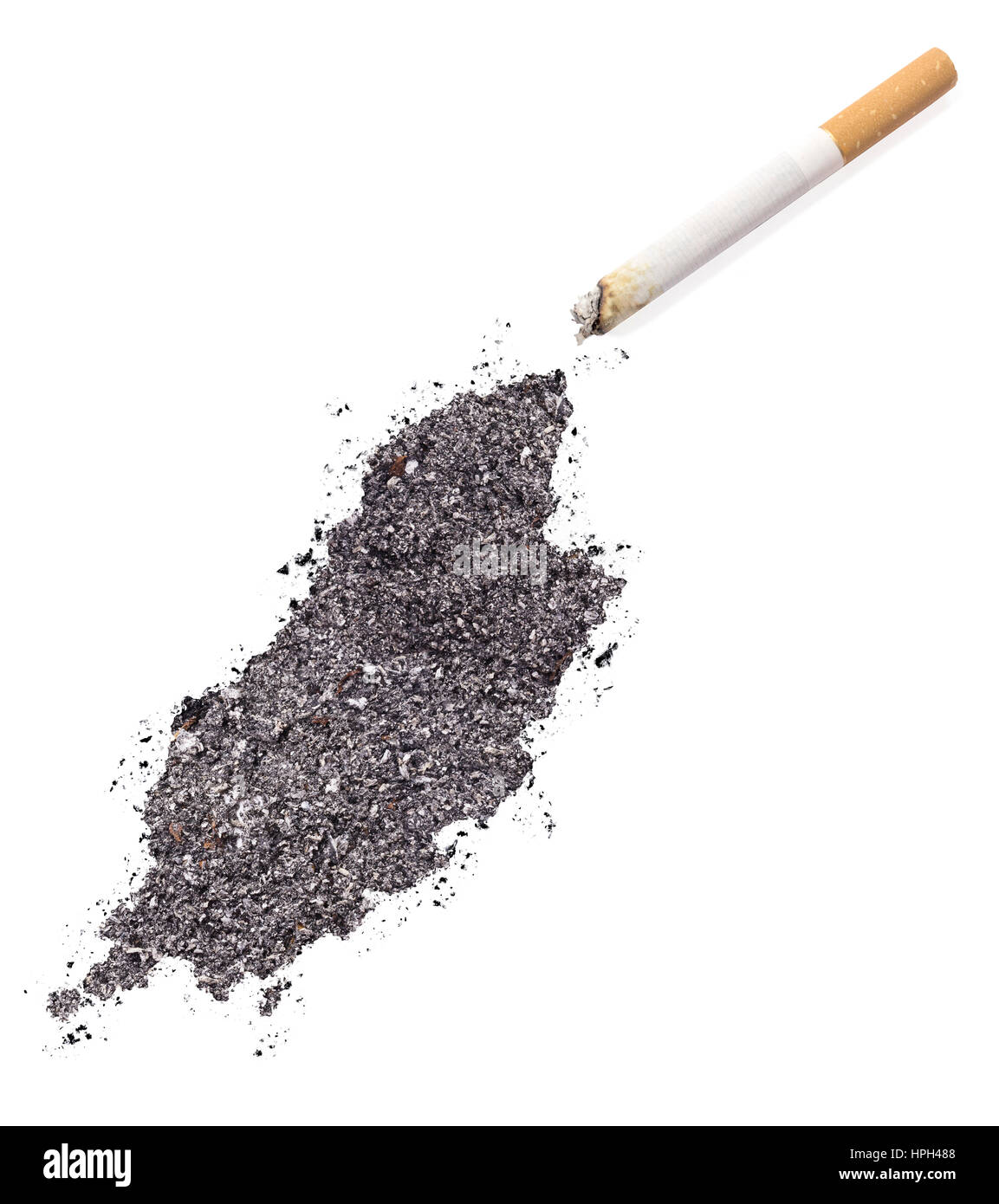 The country shape of Isle of Man made of tobacco ash and a cigarette ...