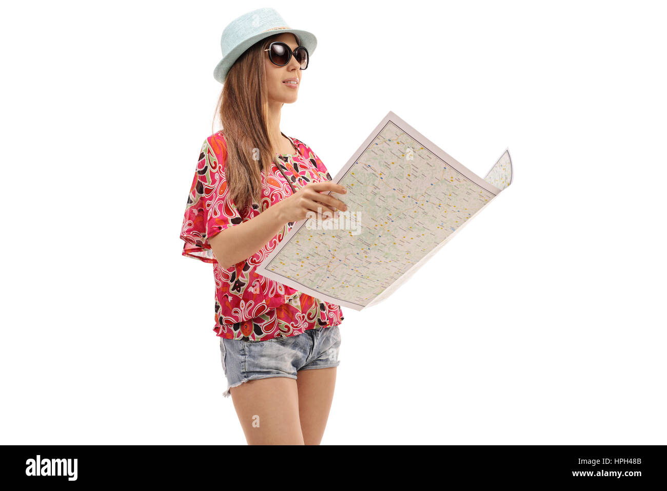 Female tourist with a generic map isolated on white background Stock ...