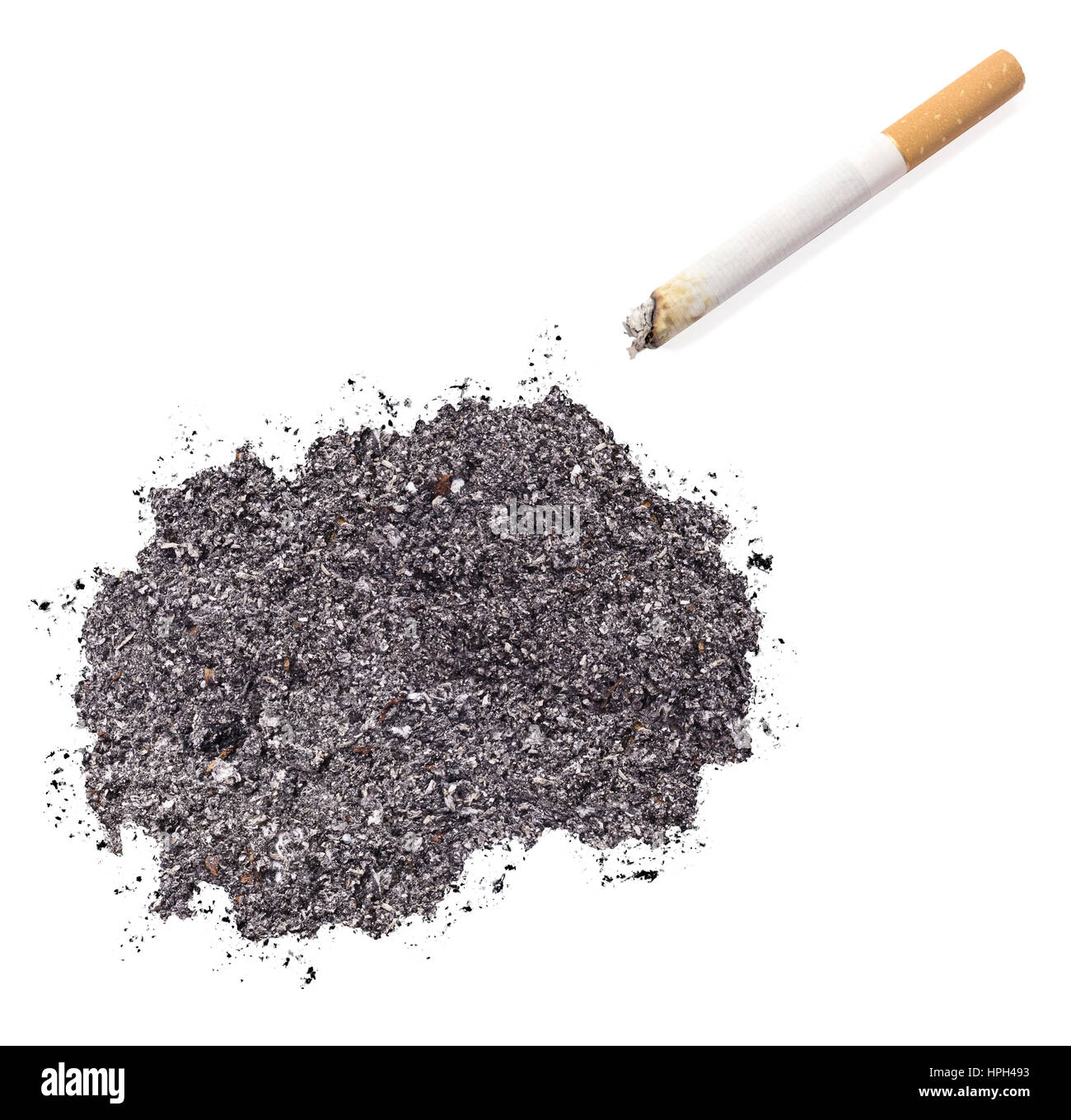 The country shape of Macedonia made of tobacco ash and a cigarette ...