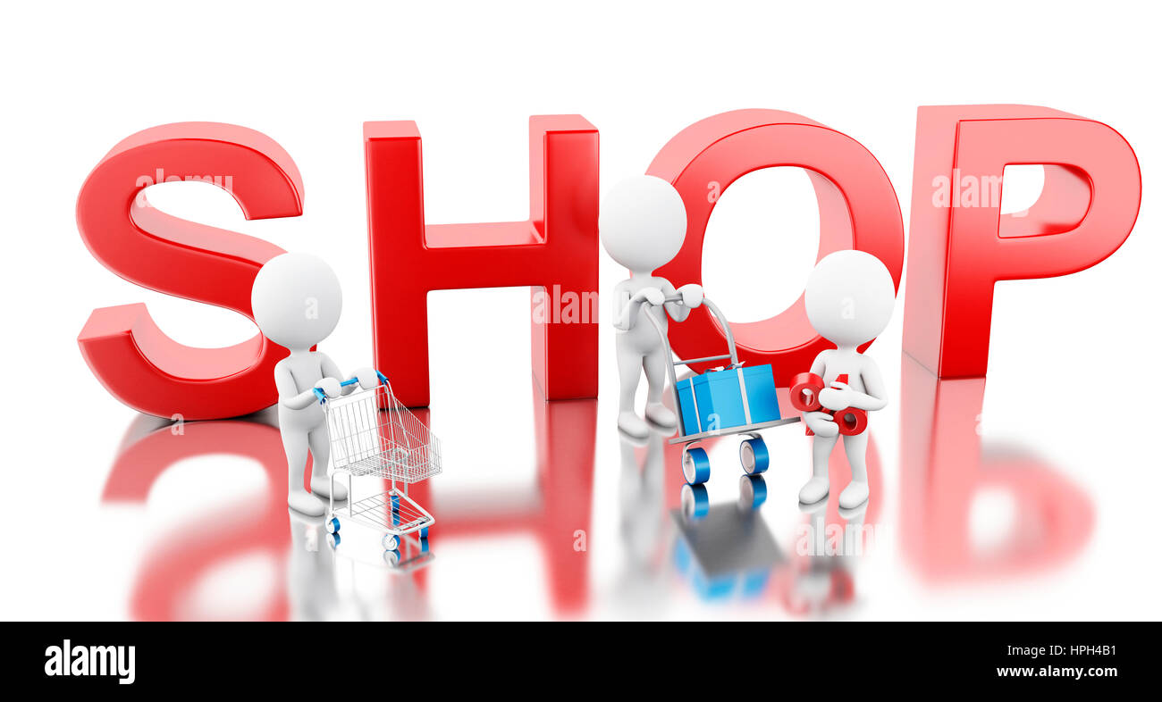 3D Illustration. White people with gifts, carts and word SHOP. Shop ...